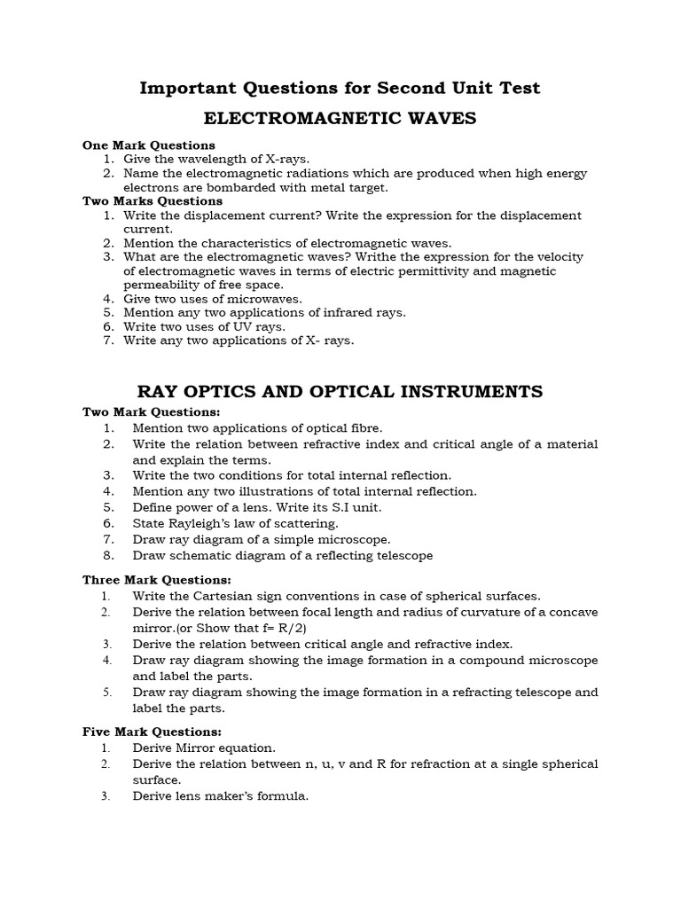 Important Questions For Second Unit Test | PDF | Optics | Light