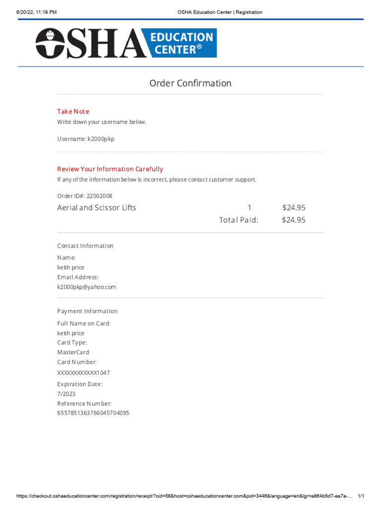 OSHA Education Center Registration Receipt | PDF