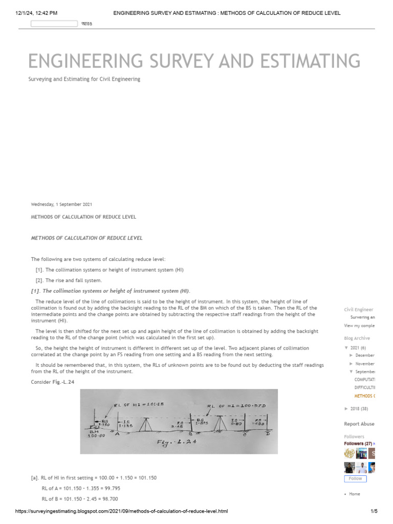 Engineering Survey and Estimating - Methods of Calculation of Reduce Level | PDF