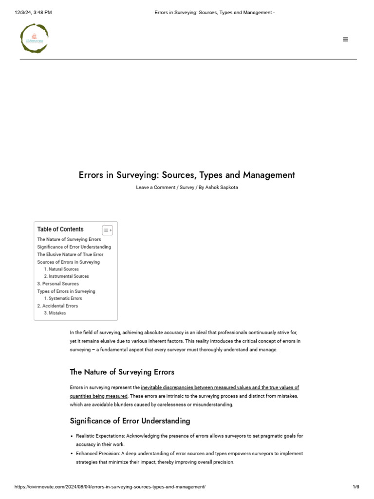 Errors in Surveying - Sources, Types and Management | PDF | Observational Error | Surveying