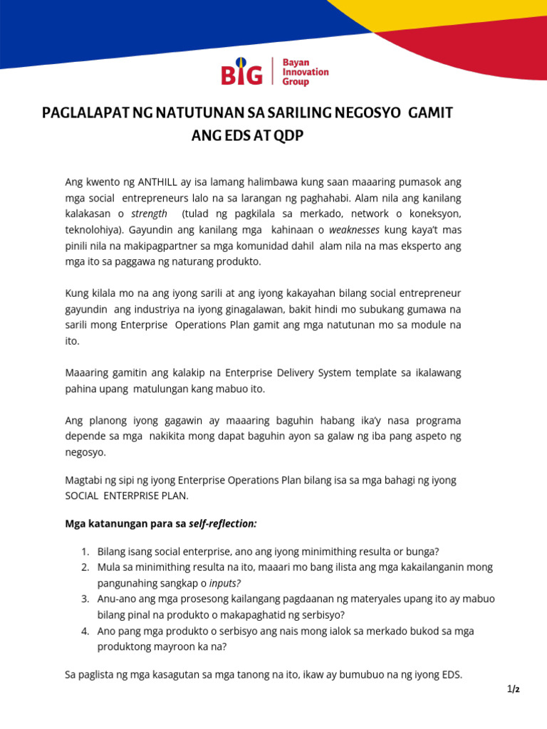 Module 5 PAGLALAPAT NG NATUTUNAN SA SARILING NEGOSYO GAMIT ANG EDS at ...