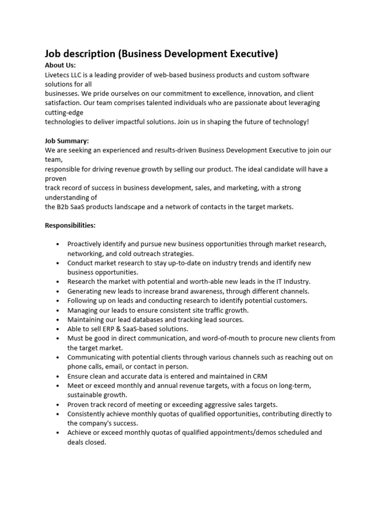 Business Development Executive Job Opening | PDF | Customer ...