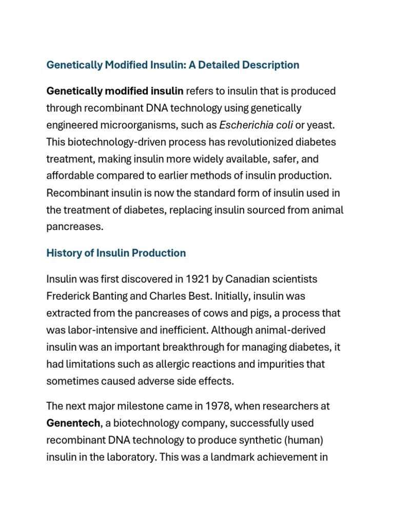 Genetically Modified Insulin Explained | PDF | Insulin | Recombinant Dna