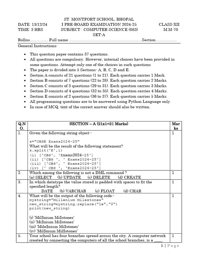 Class 12 - Cs - I Preboard - 2024-25 - Set-A | PDF | Multiple Choice | Computing