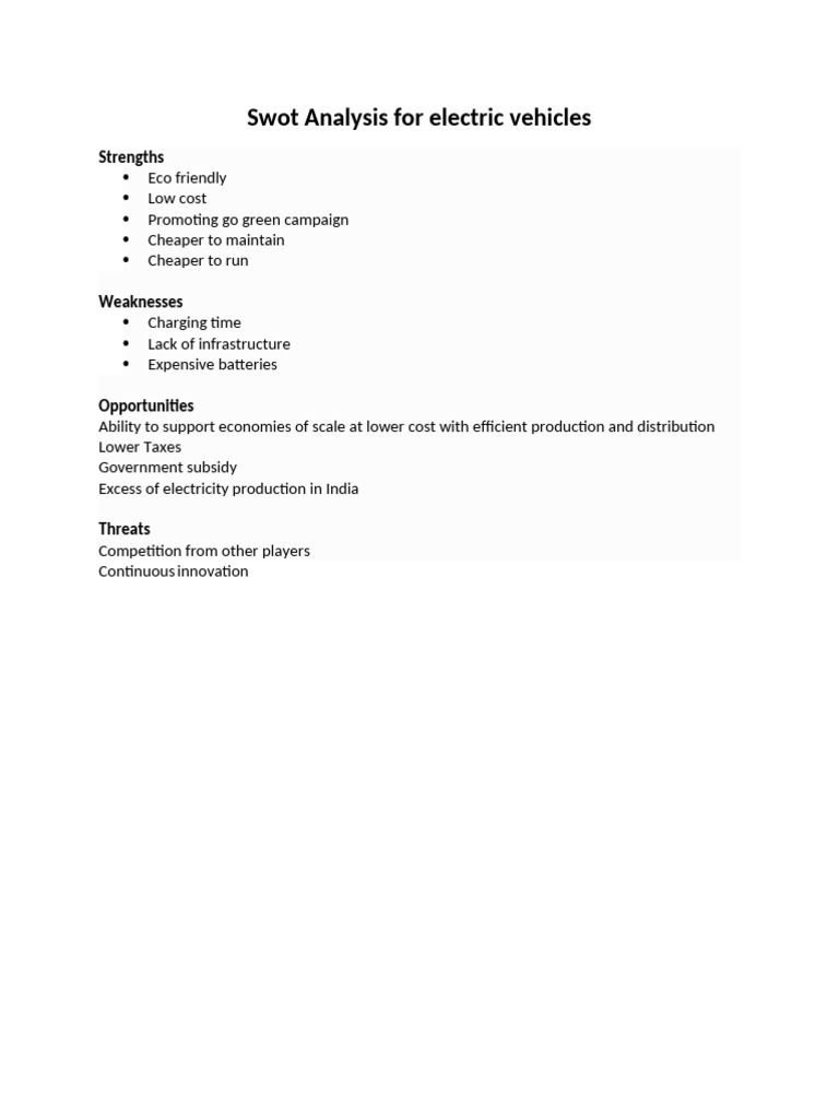 SWOT Analysis of Electric Vehicles | PDF