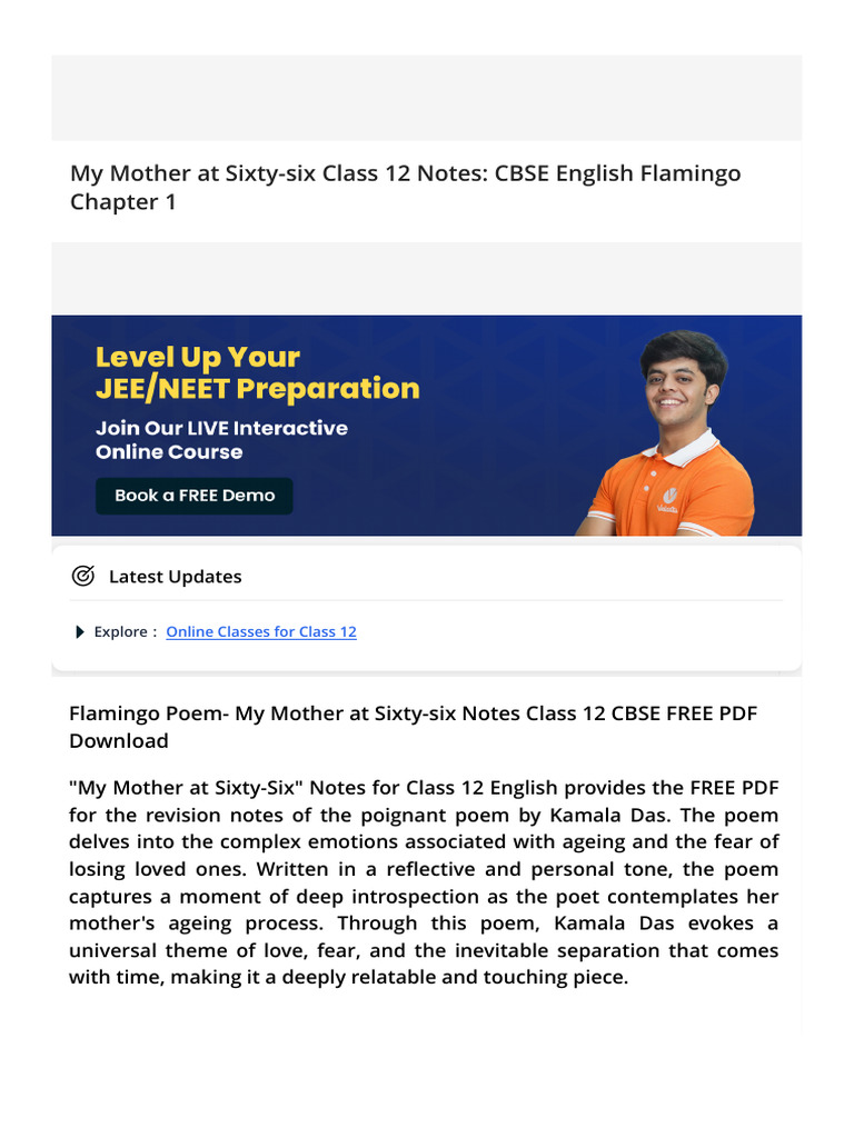 CBSE Class 12 English Notes Chapter 1 Poem My Mother at Sixty-Six PDF ...