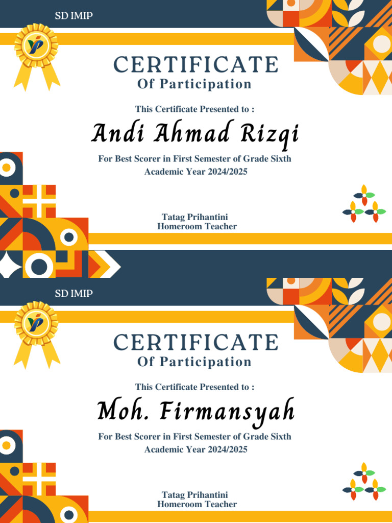 Blue Yellow Geometric Modern Certificate of Participation Certificate | PDF
