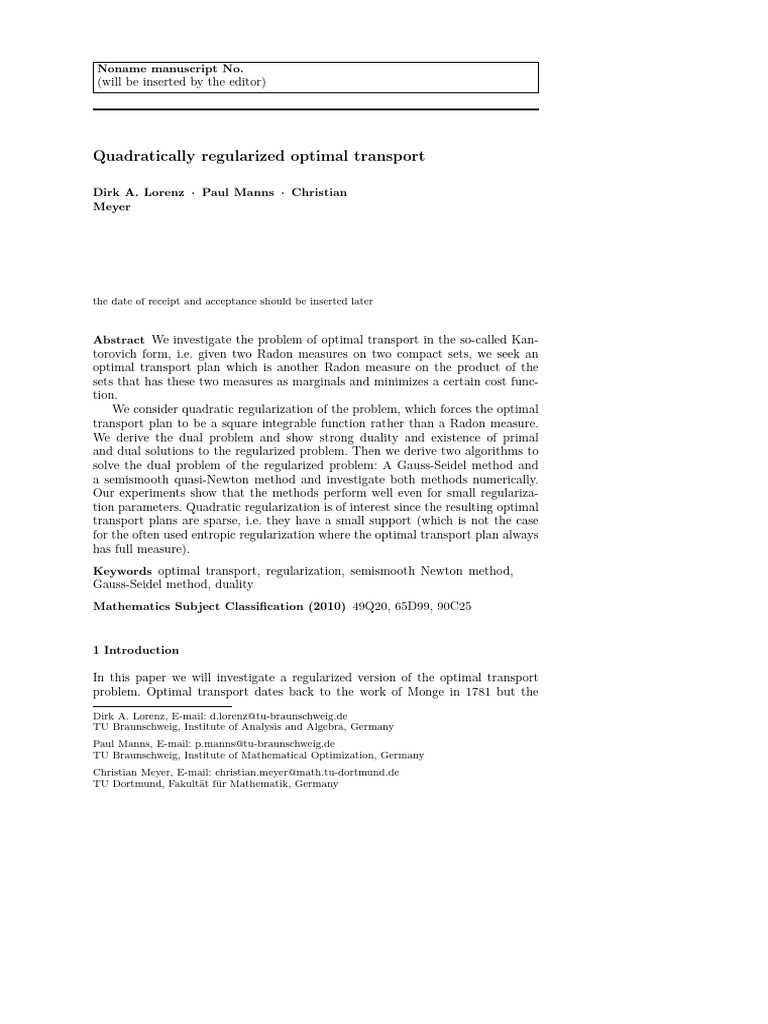 Quadratically Regularized Optimal Transport | PDF | Function (Mathematics) | Analysis