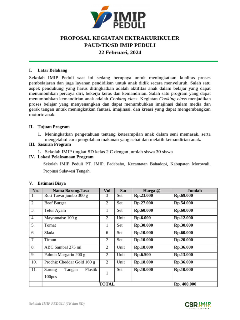 Proposal Eskul Cooking Class | PDF