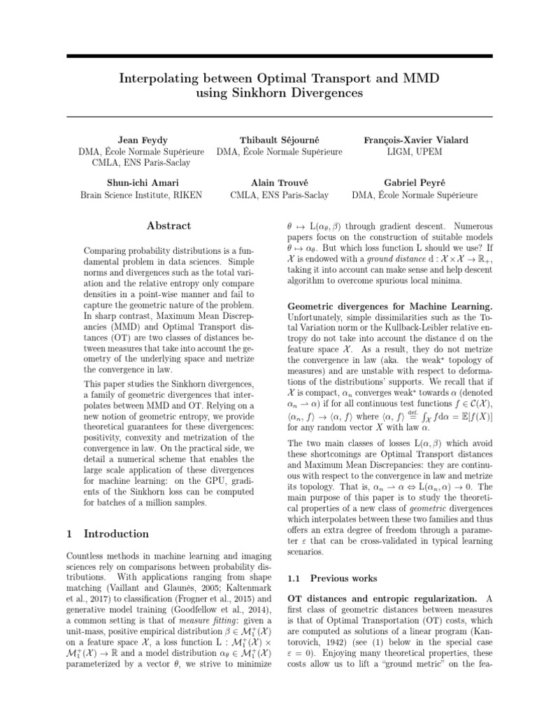 Interpolating between Optimal Transport and MMD using Sinkhorn Divergences | PDF | Distance ...