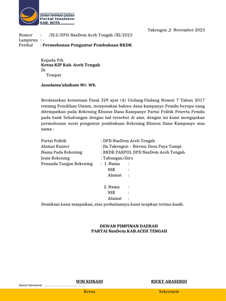 Permohonan Pengantar Pembukaan RKDK | PDF