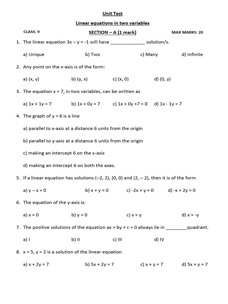 Linear equations in two variables practice questions | PDF | Equations ...