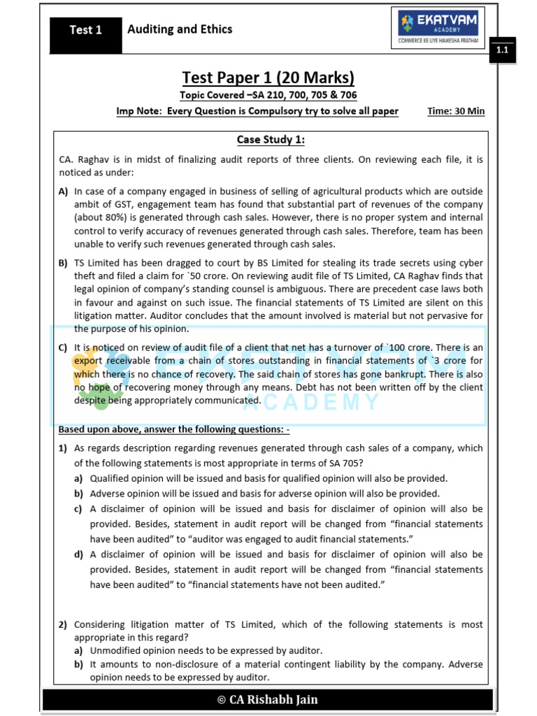 Inter Audit Test Paper 1 | PDF | Auditor's Report | Audit