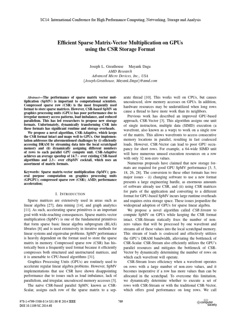 Efficient Sparse Matrix-Vector Multiplication On GPUs Using The CSR Storage Format SC2014 | PDF ...