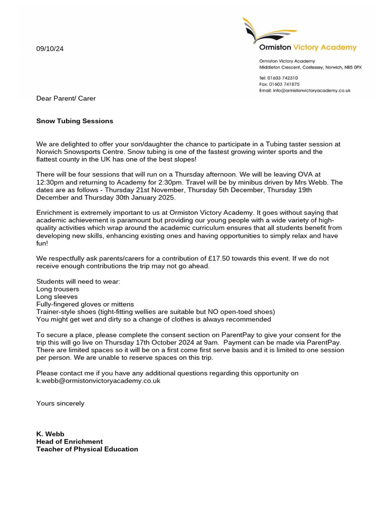 Tubing Lesson Letter 2024.25 | PDF