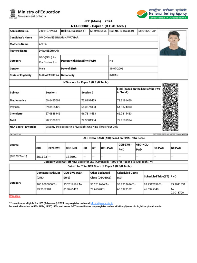 JEE Main 2024 NTA Scorecard Details | PDF | Tests