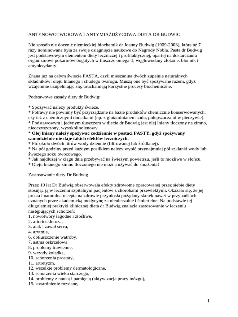 Antynowotworowa I Antymiażdżycowa Dieta DR Budwig | PDF