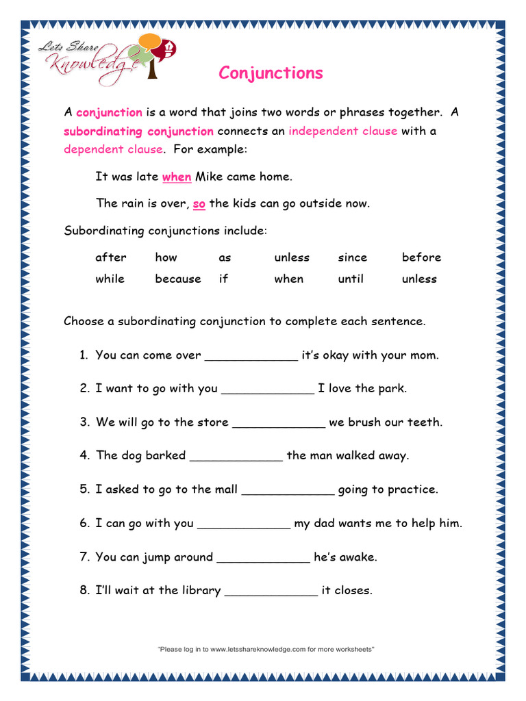 Grade 3 Grammar Worksheets Conjunctions8 | PDF