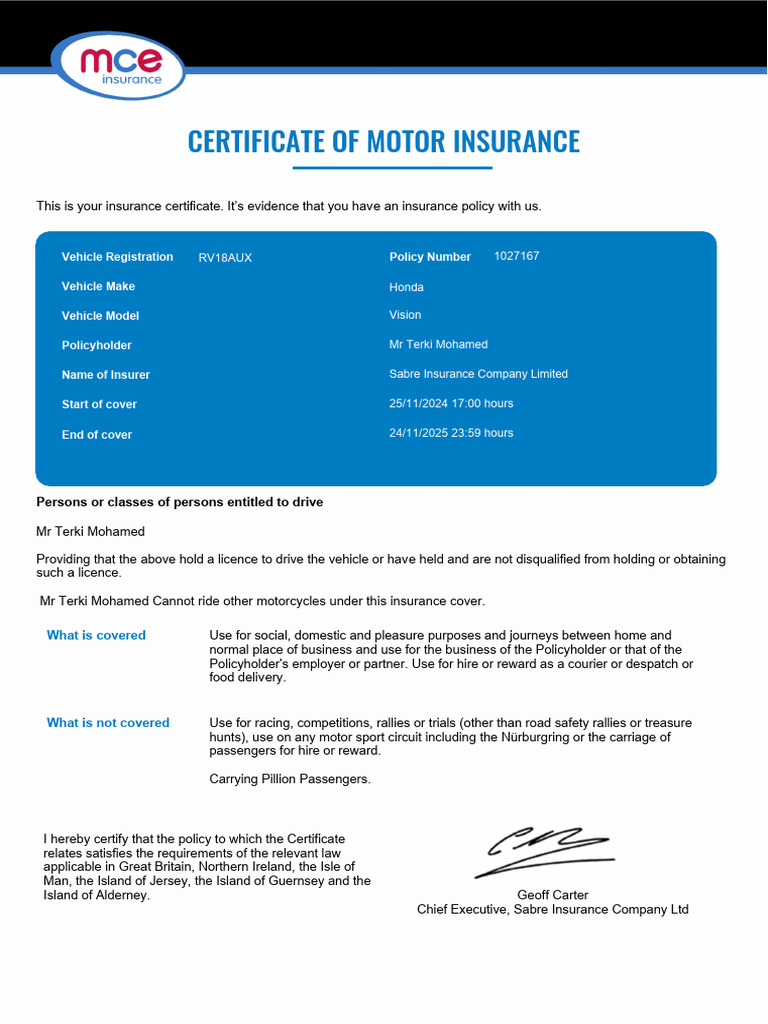 Motor Insurance Certificate | PDF | Vehicle Insurance | Insurance
