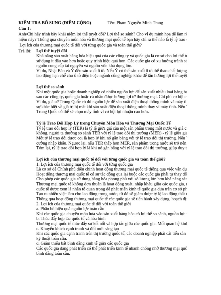 Kiểm Tra Bổ Sung (Minh Trang) | PDF