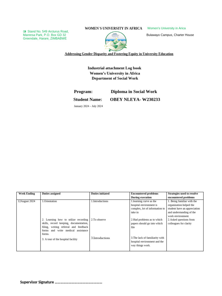 Women's University Social Work Logbook | PDF | Psychotherapy ...