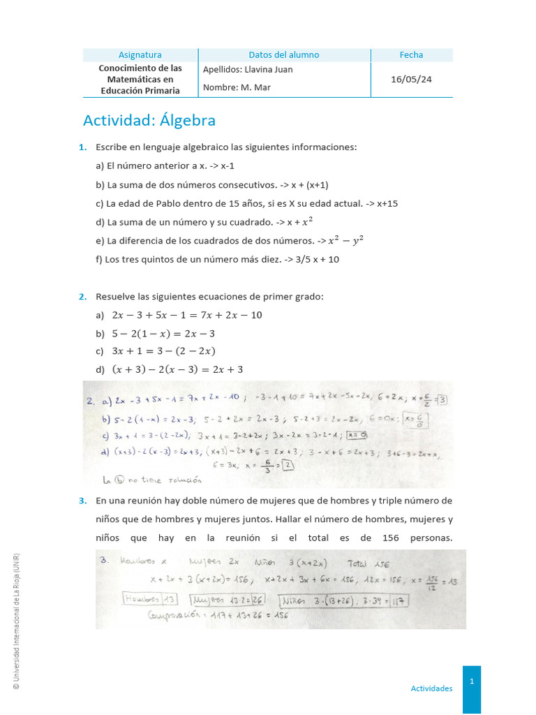 Actividades de Álgebra y Ecuaciones | PDF | Educación primaria ...