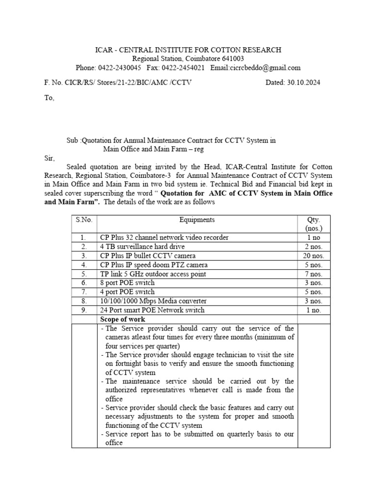 Quotation For AMC For CCTV System in MainOffice and Main Farm | PDF ...