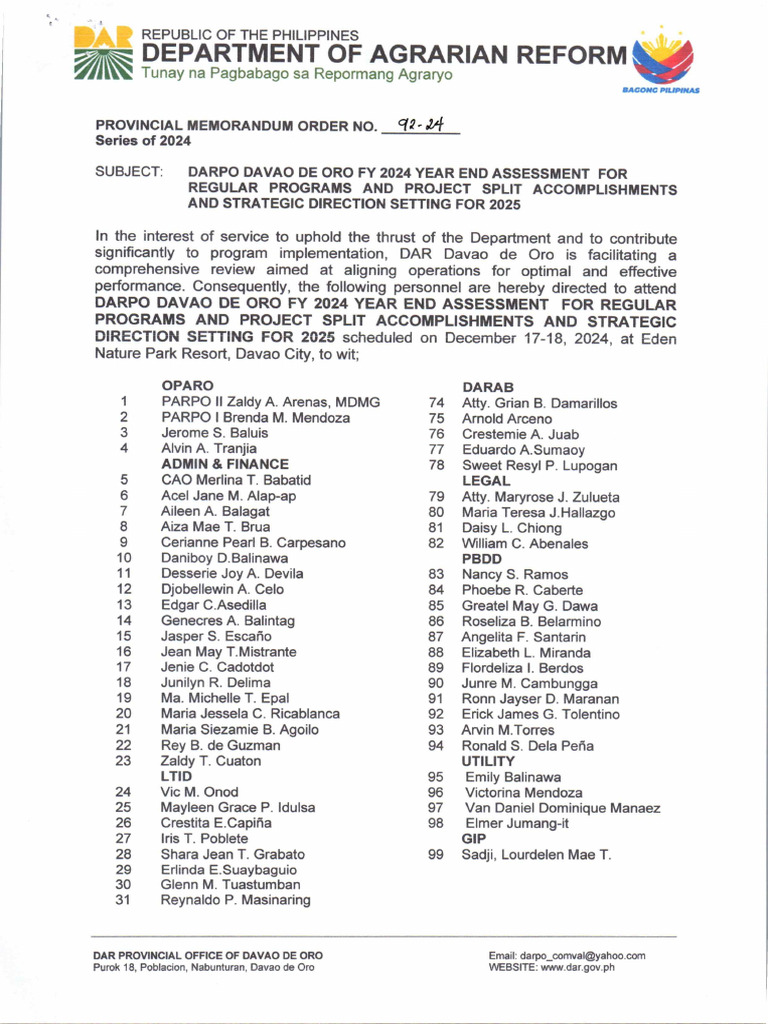 PMEMO ORDER NO. 92-24 DARPO DAVAO DE ORO FY 2024 YEAR END ASSESSMENT FOR REGULAR PROGRAMS AND ...