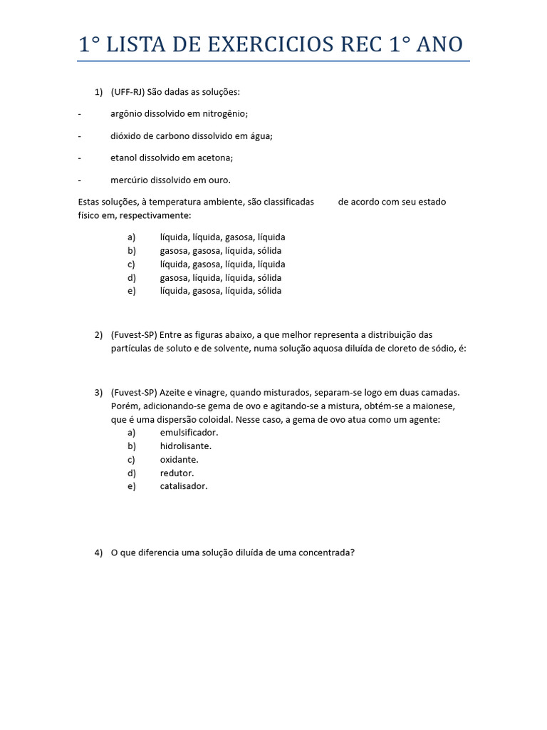 1_Lista_ exerc_rec_ 1 ano_quimica | PDF | Coloide | Mistura