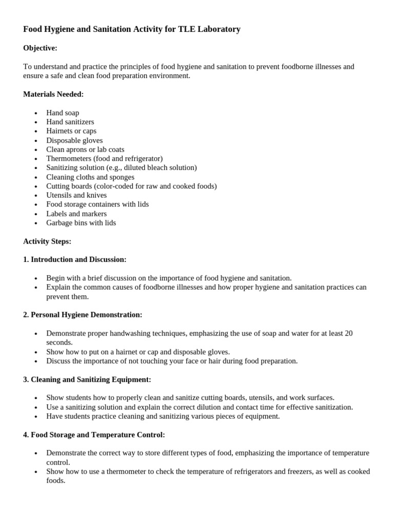 Food Hygiene and Sanitation Activity For TLE Laboratory | PDF | Hygiene ...