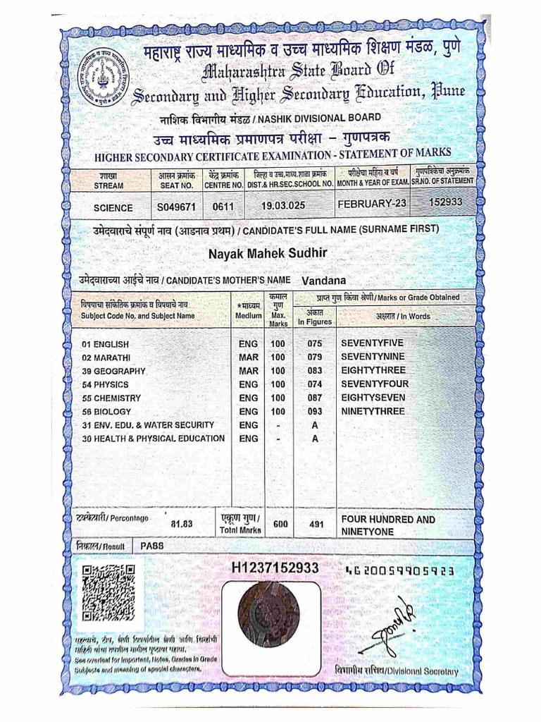 12th Marksheet | PDF