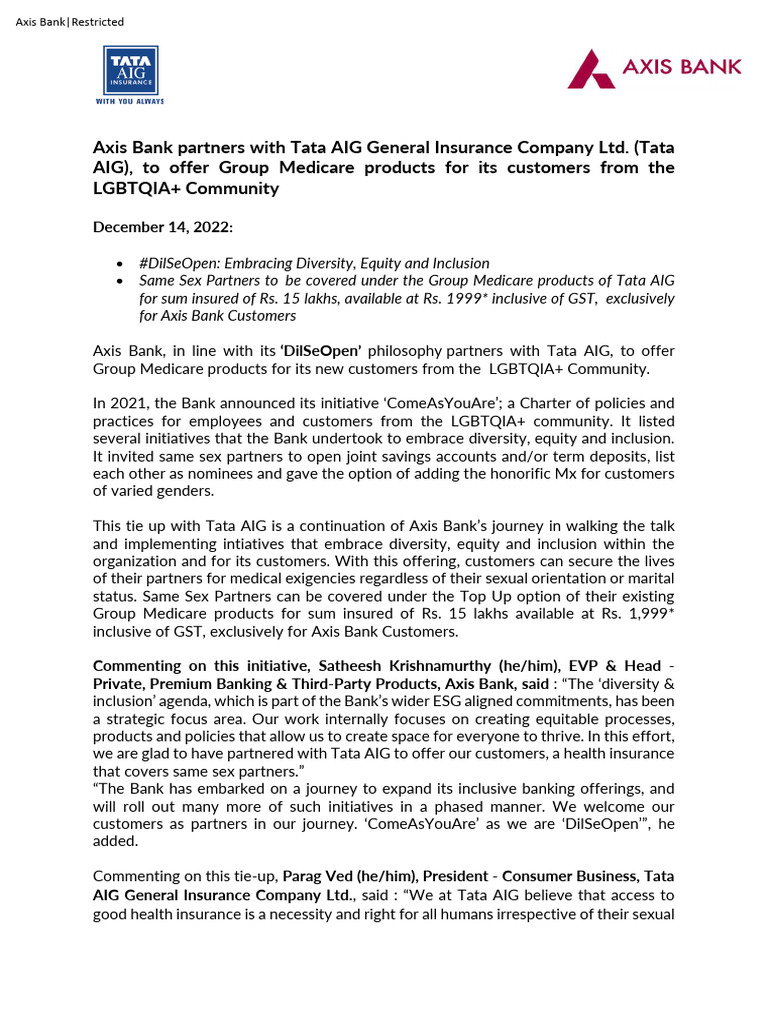 Axis Bank Partners With Tata Aig Lgbtqia | PDF | Gender | Gender Studies