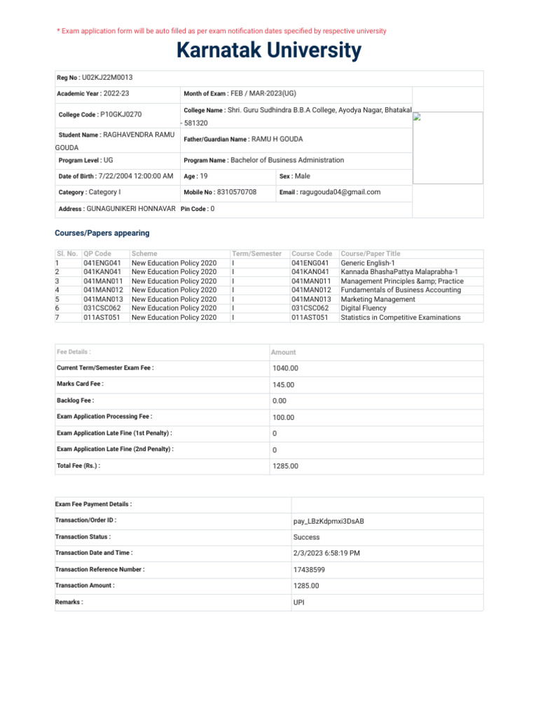 UG Exam Application Details 2023 | PDF | Banking Technology | Payments