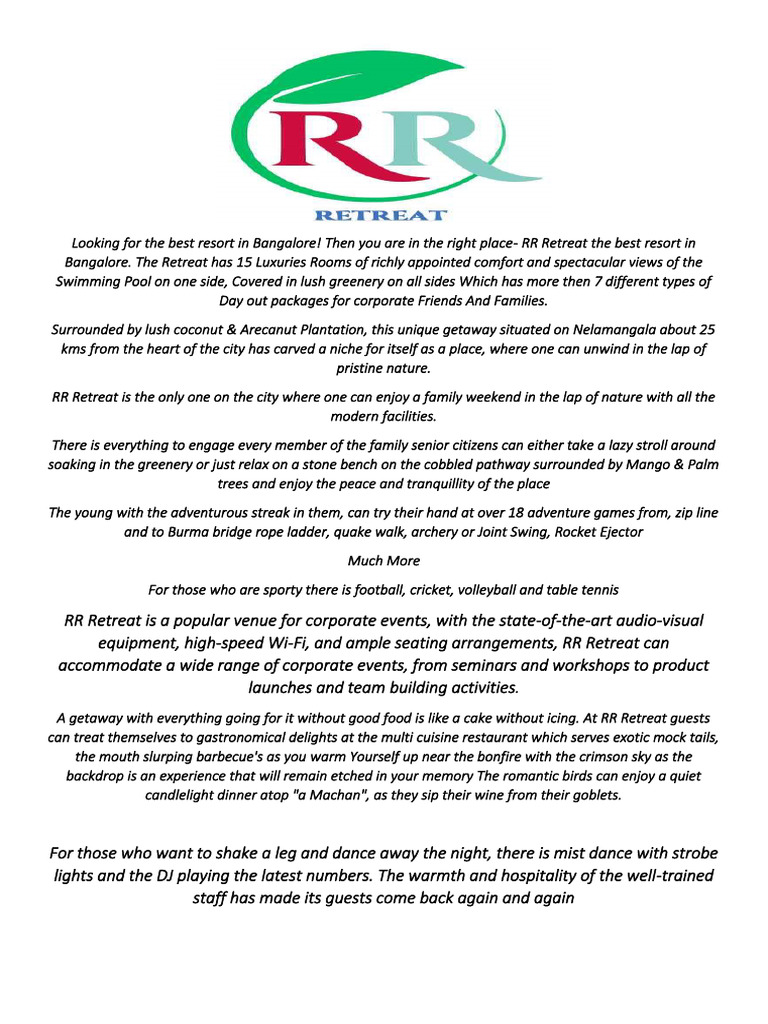RR Retreat Dayout & Stay Package-1 | PDF | Lunch | Buffet