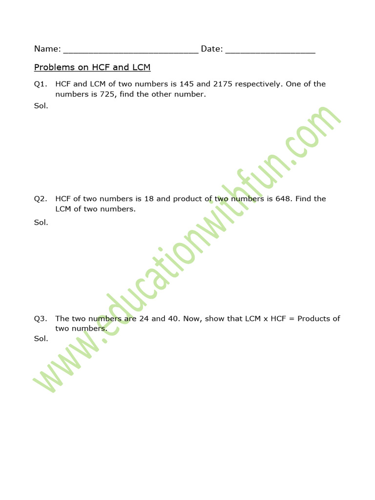 Problems on HCF and LCM Worksheet 3 | PDF