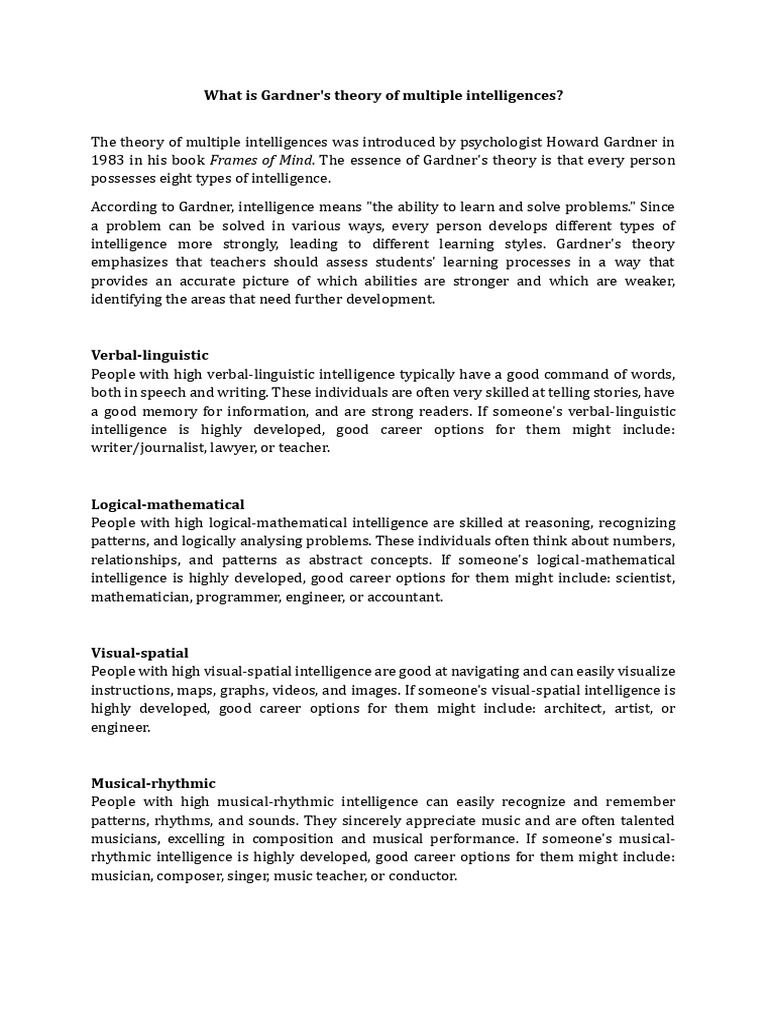 Multiple Intelligences Handout | PDF | Intelligence | Behavior Modification