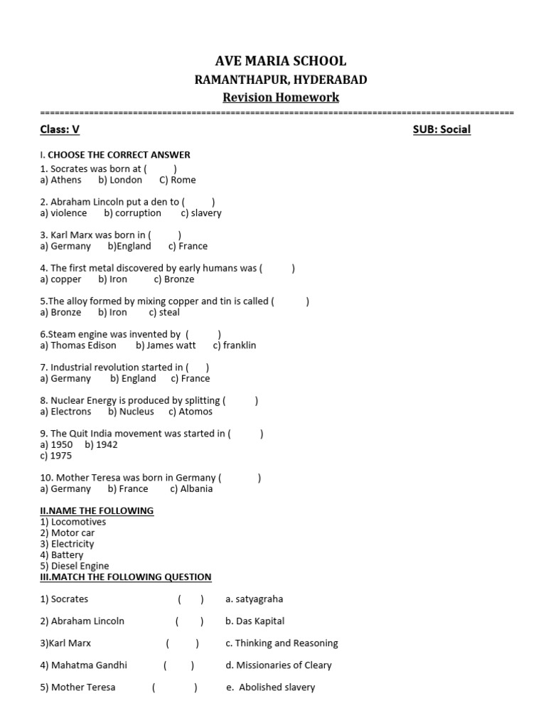 Class V Social Studies Revision Homework | PDF