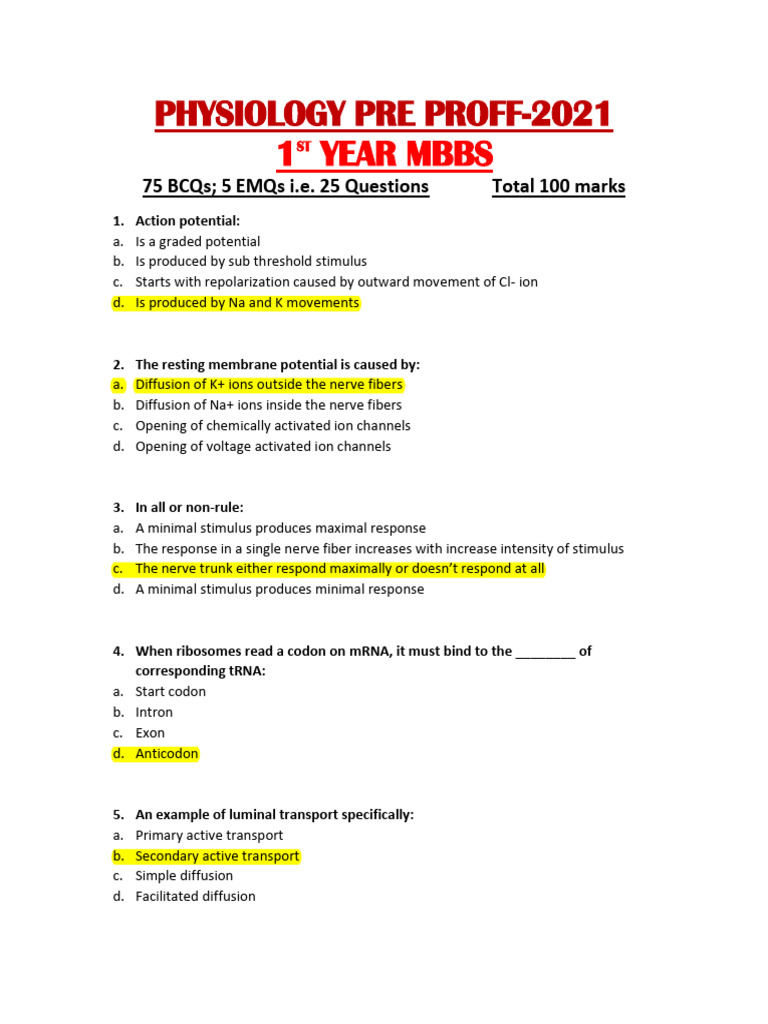 Pre Proff (Physiology) 2021 (Solved) | PDF | White Blood Cell | Heart