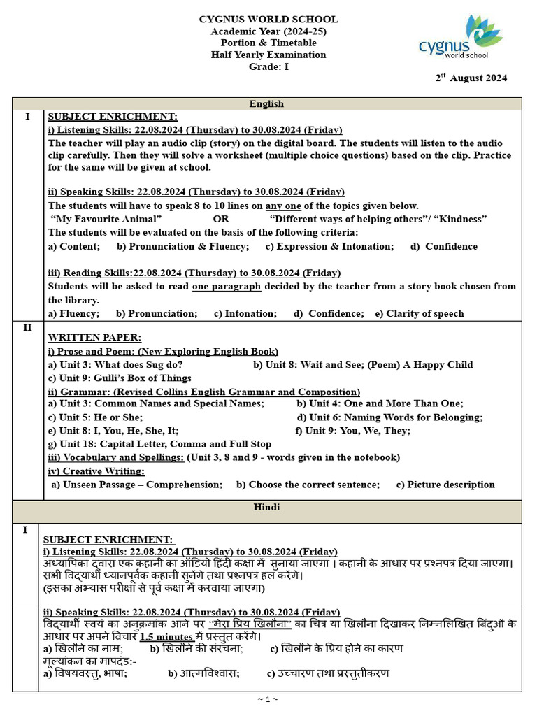 DOC_CIR_Grade 1- HYE Portion and Timetable | PDF | Cognitive Science | Cognition
