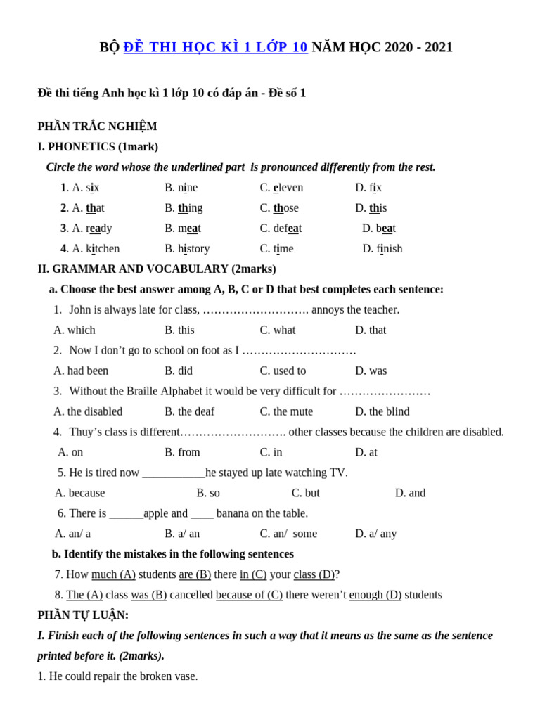 Đề thi Anh 10 học kỳ 1 | PDF | News | News Media