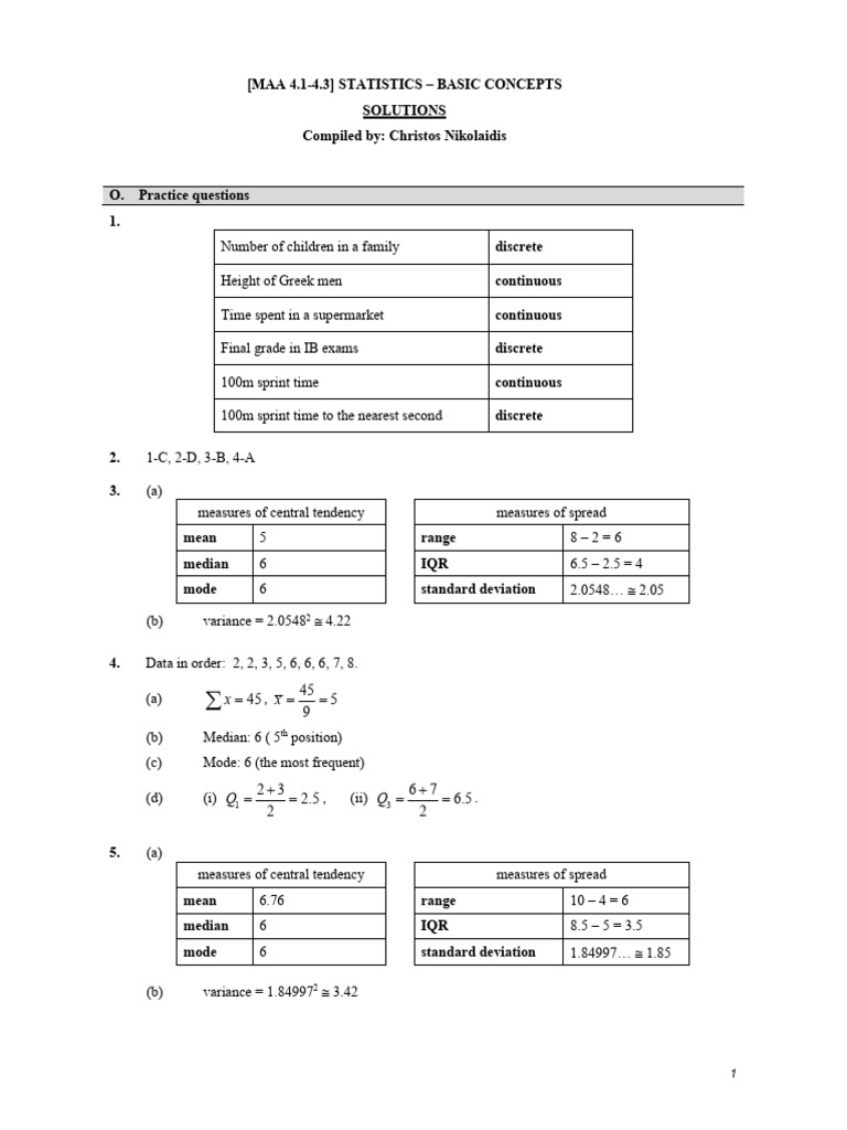 (Maa 4.1-4.3) Statistics - Basic Concepts - Solutions | PDF ...