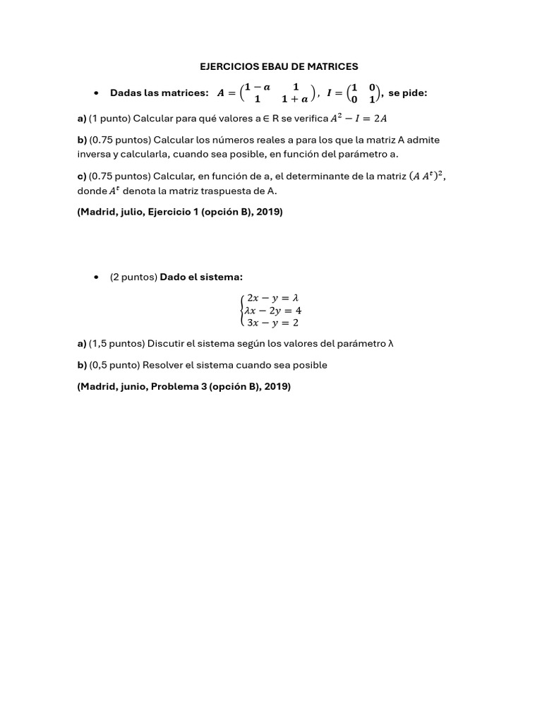 Ejercicios Ebau de Matrices | PDF