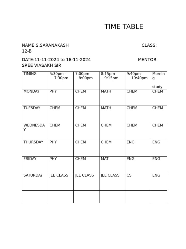 TIME TABLE[Saranakash] | PDF