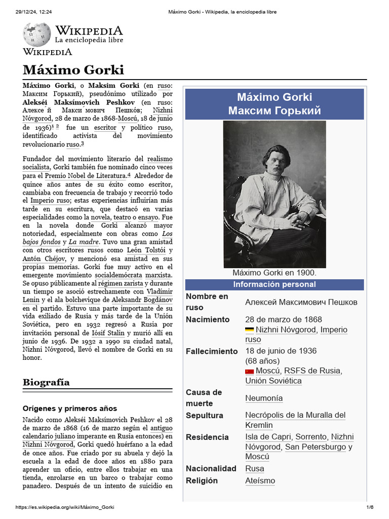 Máximo Gorki - Wikipedia, La Enciclopedia Libre | PDF