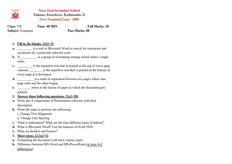 Class VII Computer Exam Paper 2080 | PDF