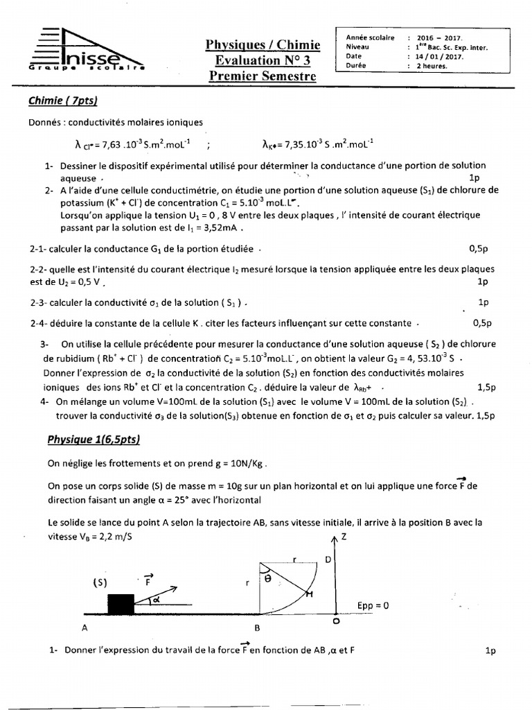 Devoir 3 Physique Et Chimie 1er BAC Sciences Experimentales 1er ...