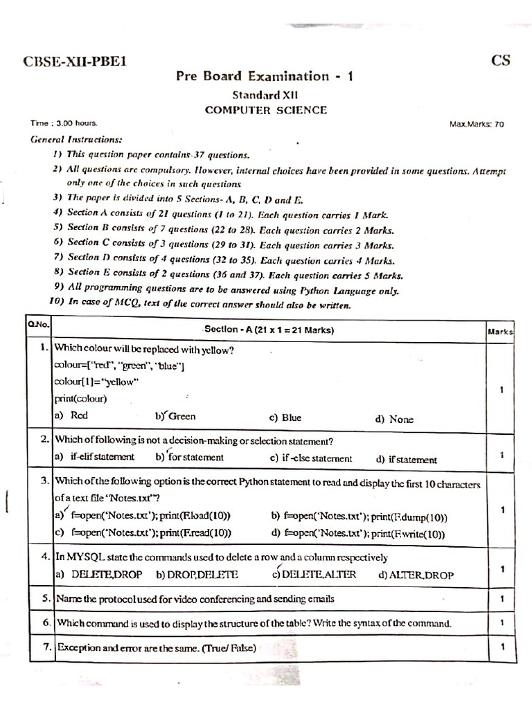 Pre-Board 1 CS Paper | PDF