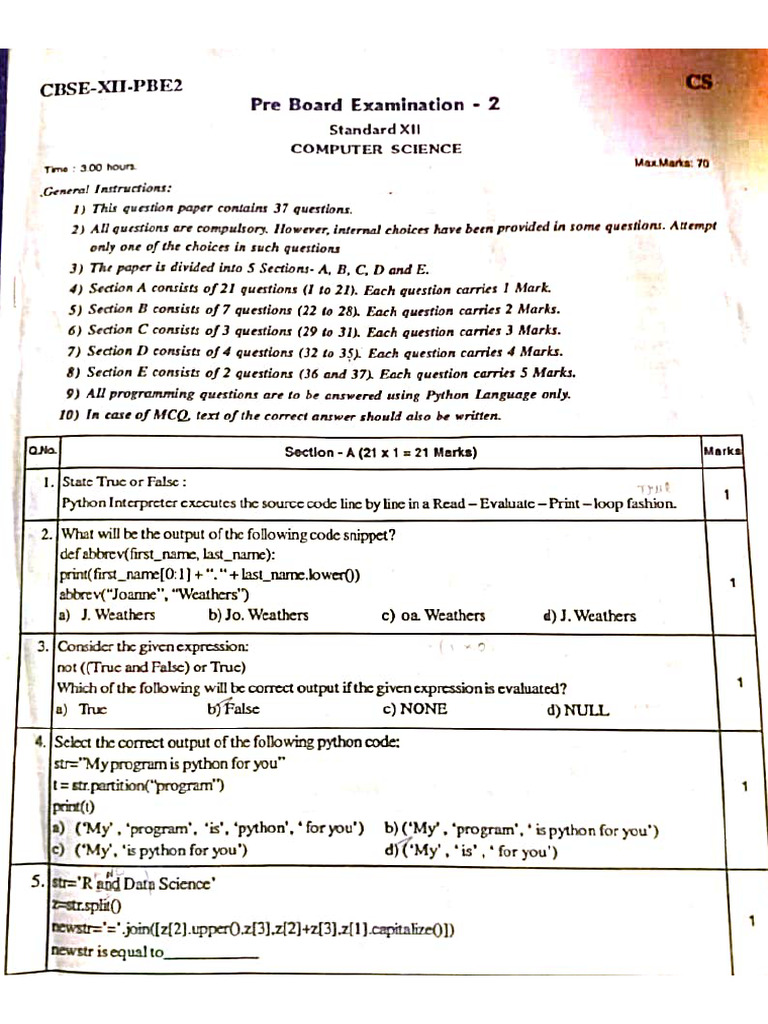 Pre-Board 2 CS Paper | PDF