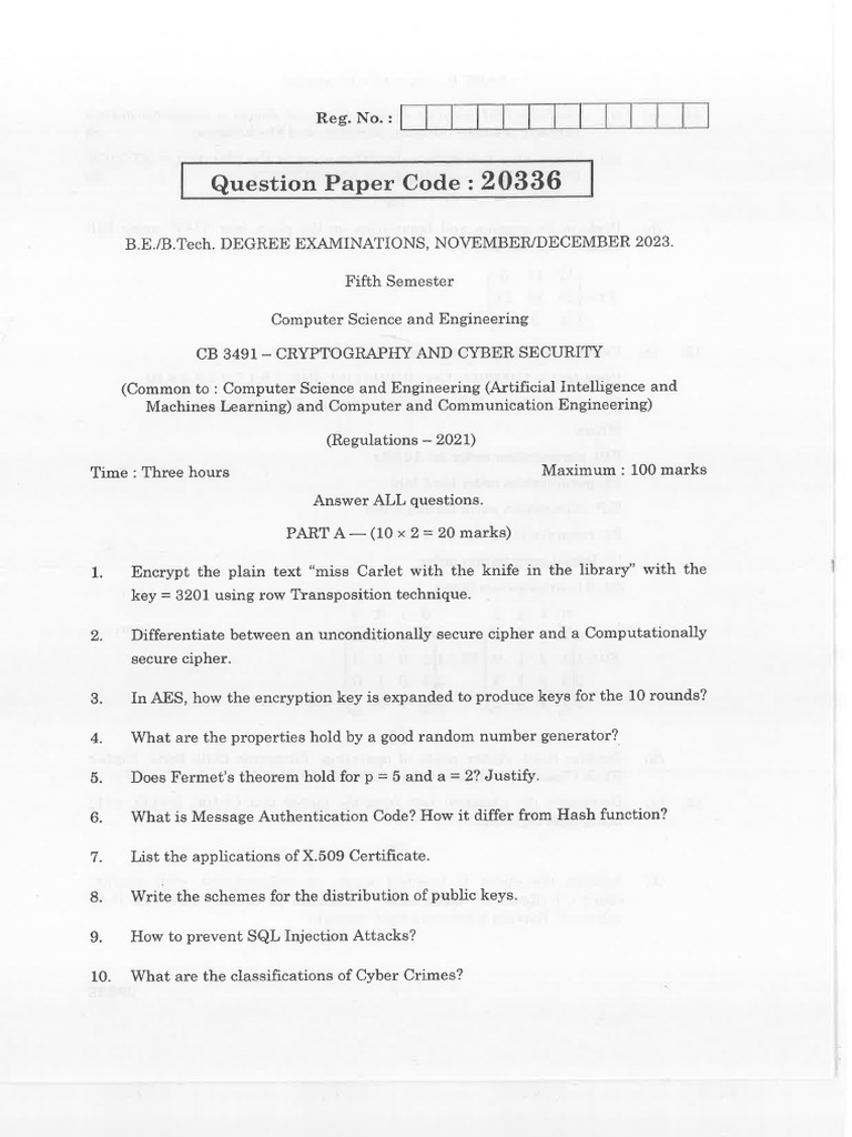 Cryptography and Cyber Security - CB3491 2021 Regulation - Question Paper 2023 Nov Dec | PDF ...
