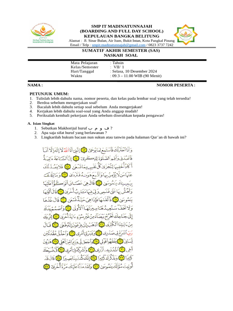 Soal Tahsin Kelas VII SAS 2024 | PDF